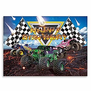 Seasonwood 7x5ft Monster Truck Themed Backdrop for Baby Boys Kids Birthday Party Photography Background Monster Jam Grave Digger Racing Cars Cake Table Decorations Banner Photo Booth Props Supplies