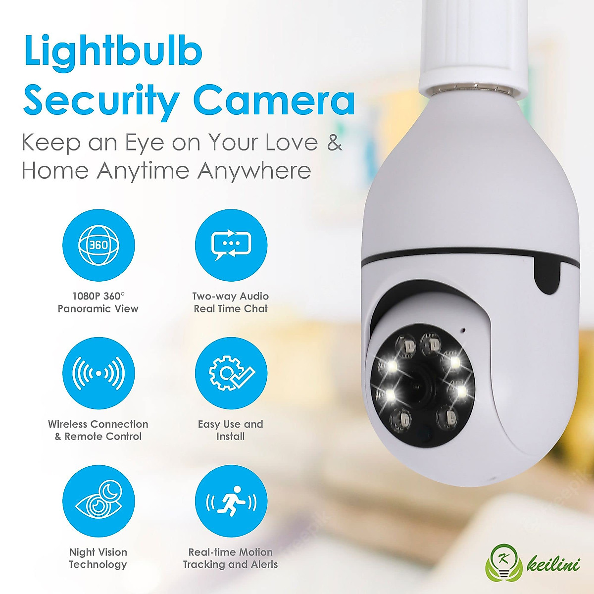 Keilini Light Bulb Security Camera, Keilani Light Bulb Security Camera, Keilini Security Camera, 360°Panoramic Surveillance Cam, 2.4GHz WiFi Smart 1080P Outdoor Security Camera Motion Detection