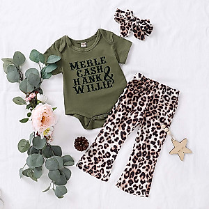 Happy Town Toddler Girls Baby Girls Leopard Sets Long Sleeves Romper +Flare Pants Infant Winter Fall Outfit (short sleeve sets, 3-6 Months)