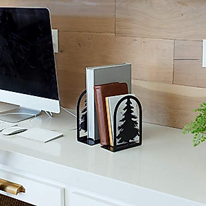 Hômbase Decorative Bookends for Heavy Books, Paperbacks, Hardcovers, Encyclopedias, Cookbooks - 2X Beautiful Spruce Tree Heavy Duty Anti-Slip Metal Book Stoppers for Bookcase Bookshelves (Black)