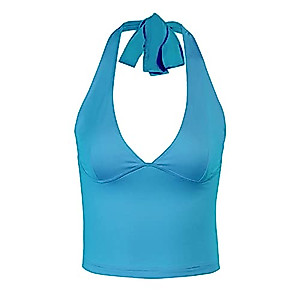 DREAM SLIM Women's Tie Back Halter Crop Top Sexy Deep V Neck Sleeveless Tie Back Camisole Casual Workout Tank Tops (Blue, S)