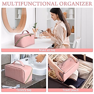 Sanshisi Travel Makeup Bag, Waterproof Leather Portable Cosmetic Travel Bag for Women Large Capacity Cosmetic Organizer Pouch with Compartments and Handle, Pink