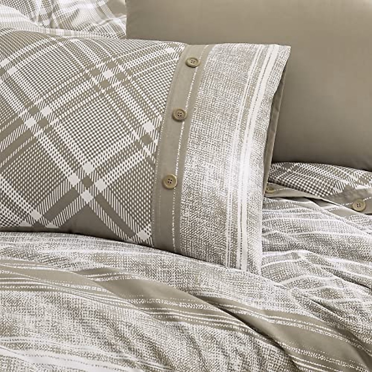 WRENSONGE Plaid Spliced King Comforter Set, 8 Pieces, Light Grey, 102"x 90"