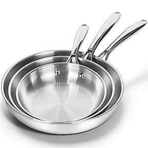 MICHELANGELO Stainless Steel Frying Pan Set, 8" / 9.5" / 11" Cooking Pans, Triply Base Stainless Steel Pan Set with Ergonomic Handle, Induction Compatible