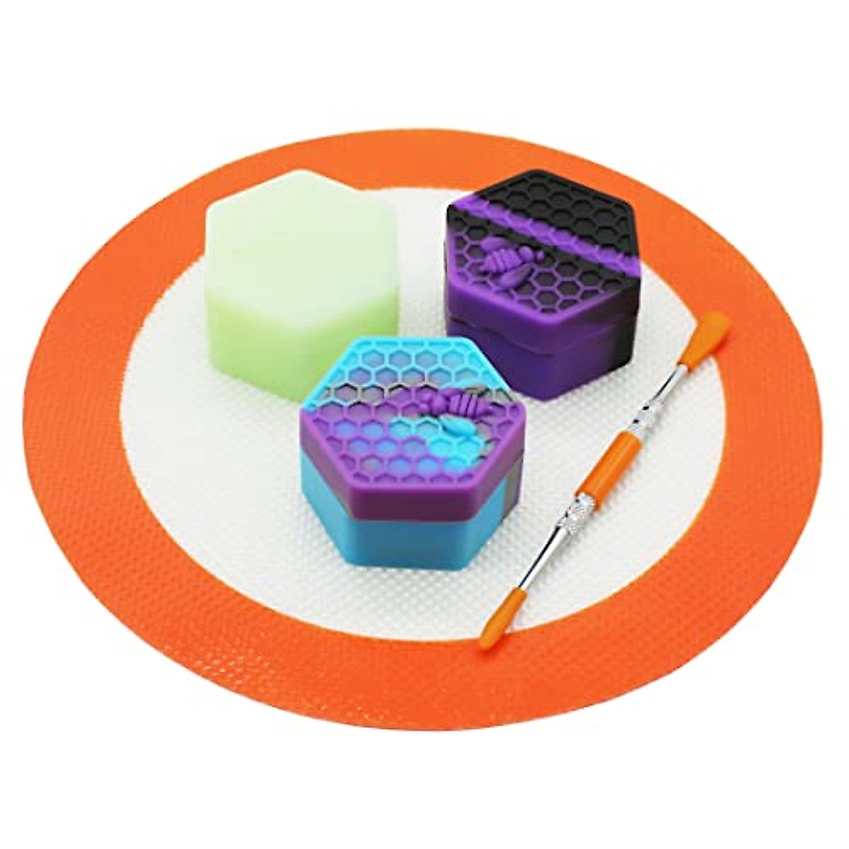 KUVIS 26ml Hexagon Silicone Wax Container Non-stick Concentrate Jars with 7.87" Round Mat and Carving Tool