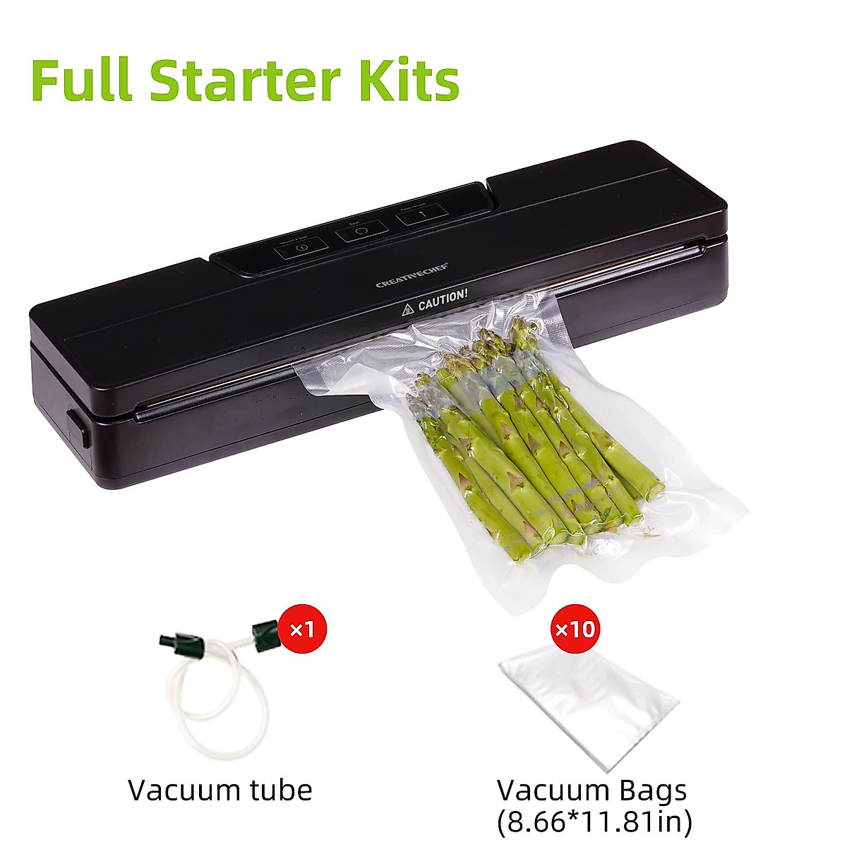 CREATIVECHEF Vacuum Sealer Machine, Compact Precision Food Vacuum Sealer, One-Touch Automatic Vacuum Sealer, for Sous Vide, Food Storage & Vacuum Sealer Bag, Include Starter Kit (Black)