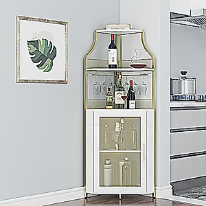 Amyove Corner Wine Bar Rack Cabinet with Detachable Wine Rack, Bar Cabinet with Glass Holder, Small Sideboard and Buffet Cabinet with Mesh Door,Gold