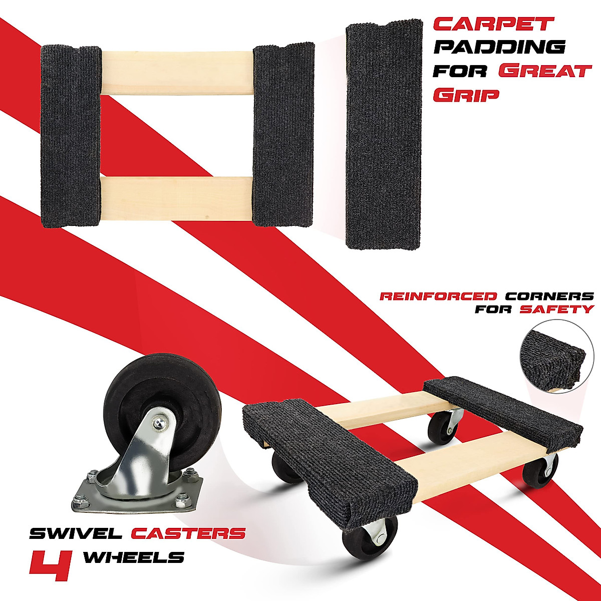 Dolly Cart, Moving Push Cart with Wheels, Carpeted Ends Hardwood Flatbed Movers Dollies, 12” x 18” Platform Truck Trolly Furniture Appliance Carts with a Capacity to Hold 1000 lbs. – by RamPro