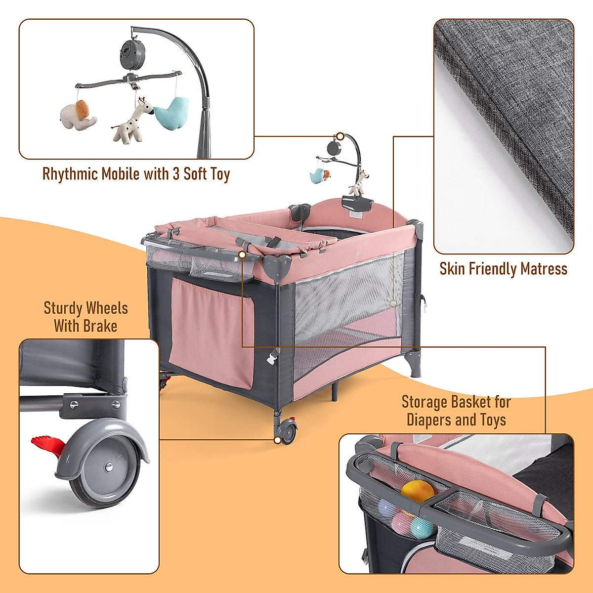 Jaoul Baby Bassinet Bedside Sleeper Baby Crib, Pack and Play with Bassinet and Changing Table, Pink Portable Travel Baby Playpen with Bassinet Toys & Music Box, Mattress for Girl Boy Infant Newborn