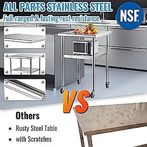VEVOR Stainless Steel Prep Table, 24 x 24 x 36 Inch, 600lbs Load Capacity Heavy Duty Metal Worktable with Adjustable Undershelf & Universal Wheels, Commercial Workstation for Kitchen Garage Backyard