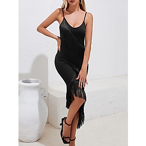 ZAFUL Women Spaghetti Strap Sexy V Neck Fringe Tassels Irregular Hem Slit Bodycon Prom Party Cocktail Formal Dress Black M