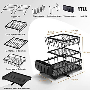 YINGAVERSAI Dish Drying Rack with Drainboard, 3-Tier Dish Racks for Kitchen Counter, Large Capacity 2 Tier Dish Drainer Set with Utensils Holder, Cup Holder, Chopping Block Rack Black Dish Dryer Rack