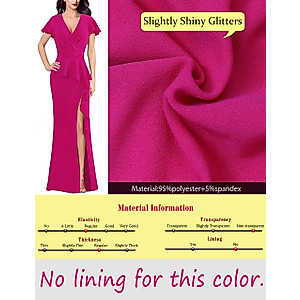 VFSHOW Womens Ruched Wrap V Neck Ruffle Formal Peplum High Slit Maxi Long Dress 2023 Wedding Guest Cocktail Prom Glitter Evening Gown (Hot Pink, Medium) 3121 HPIK M