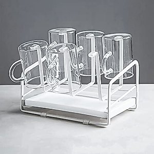 YEAVS Cup Drying Rack with Drain Tray, Bottle Drying Rack Stand with 6 Hooks, Mug Organizer (White)