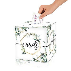 Greenery Card Box - Geometric Gold Foil Collapsible Money Box or Gift Box for Baby & Bride Shower, Birthday, Wedding Reception, Engagement Party, Graduation - 8"x8"x8" Party Favors Decorations Boxes(04)