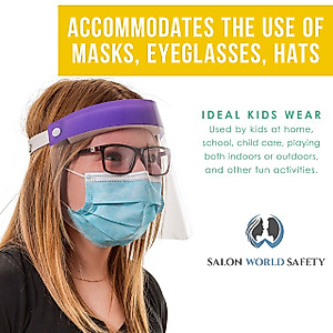 TCP Global Salon World Safety Kids Face Shields (Pack of 10) - 5 Colors, 2 of Each - Clear Protective Children's Full Face Shields to Protect Eyes, Nose, Mouth - Anti-Fog PET Plastic, Elastic Headband