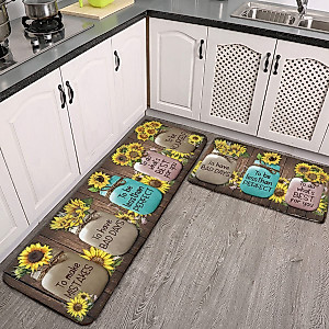 Sunflower Kitchen rugs set of 2 Anti Fatigue Comfort Mat Ergonomically Engineered Flannel You are my sunshine Soft Kitchen mat for floor Waterproof Non-Skid for Kitchen Sink Laundry 17"x47"+17"x24"