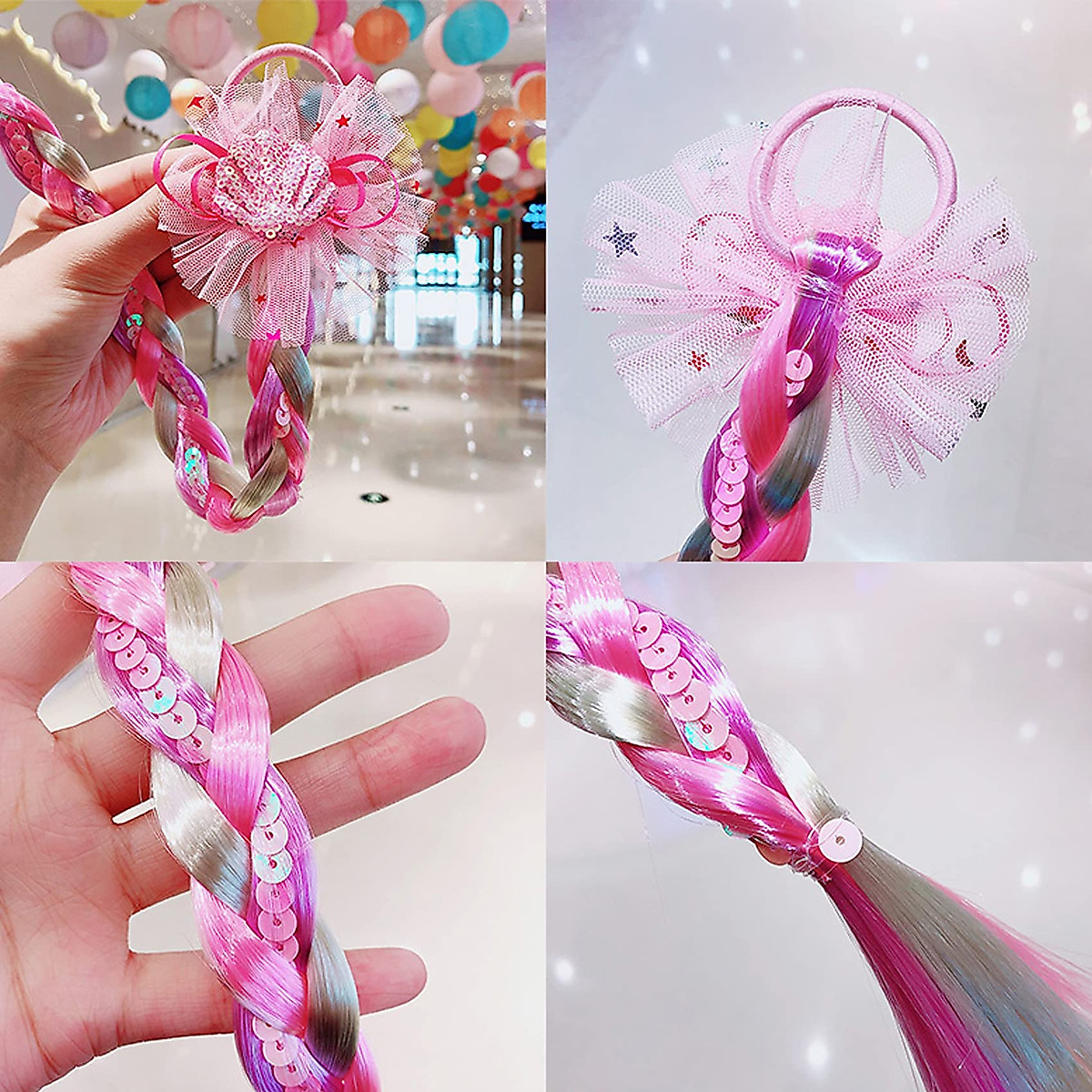 8 Pieces Colored Braids Hair Extensions with Rubber Bands Ponytails Hair Bows Rainbow Color Synthetic Hairpieces Glitter Braided Hair Extensions for Women Kids Girls Party Highlights Cosplay Dress Up