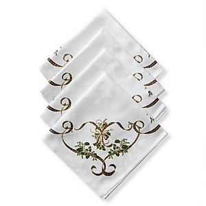 Benson Mills Merry Ribbons Engineered Printed Jacquard Fabric Cloth Napkins, for Christmas, Winter, and Holiday Tablecloths (19" x 19" Napkins Set of 4, Merry Ribbons)