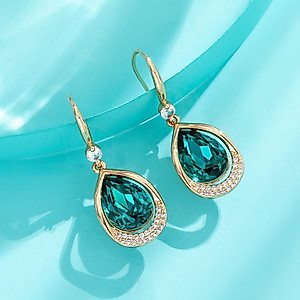 Austrian Crystal Halo Teardrop Hollow Drop Dangle Earrings for Women 14K Rose Gold Plated Hypoallergenic Jewelry (Emerald)