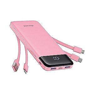 Portable Charger with Built in Cables, Portable Charger with Cords Wires Slim 10000mAh Travel Essentials Battery Pack 6 Outputs 3A High Speed Power Bank for iPhone Samsung Pixel LG Moto iPad