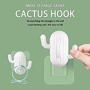 2 Pack Cute Cactus Shape Adhesive Hooks with 3 Hooks, Decorative Wall Hooks, Key Hooks Door Hooks, Sticky Hooks for Hair Rope, Loofah, Towel, White (White)