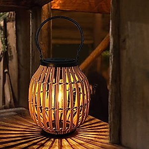 Outdoor Solar Lantern Lights Hanging Large Rattan Garden Lantern Waterproof- Rustic Table Lamp with Edison Bulb Women Gift Decoration for Garden Patio Boho Wedding