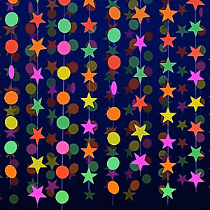 90ft Paper UV Round Neon Garland Stars Neon Streamers Black Light Decorations for Glow Party Supplies and Decorations UV Reactive Neon Party Favors Glow in The Dark Party