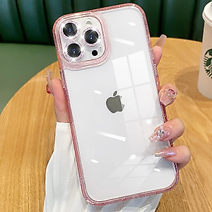 Eiyikof for iPhone 14 Pro Max Case with Bling Camera Lens Protector Cover Cute Sparkly Diamond Slim Clear Back & Glitter Bumper Silicone Shockproof Protective Case for Girls Women-Pink