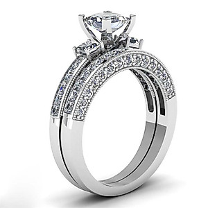 Two Rings His Hers Wedding Ring Sets Couples Matching Rings Women's 2pc White Gold Filled Square CZ Wedding Engagement Ring Bridal Sets & Men's Titanium Wedding Band