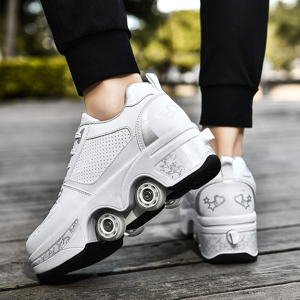 Double-Row Deform Wheel Automatic Walking Shoes Invisible Deformation Roller Skate 2 in 1 Removable Pulley Skates Skating Parkour (White Silver, US8.5)