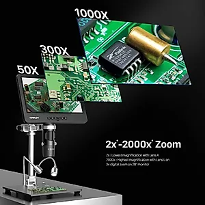 TOMLOV DM602 Pro 10.1" HDMI Digital Microscope 2000x, Pro Boom Arm Stand, LCD Soldering Microscope with 3 Lens, Adults Microscope for Electronics Repair, Coin Microscope Ring Light, PC Compatible, 64G