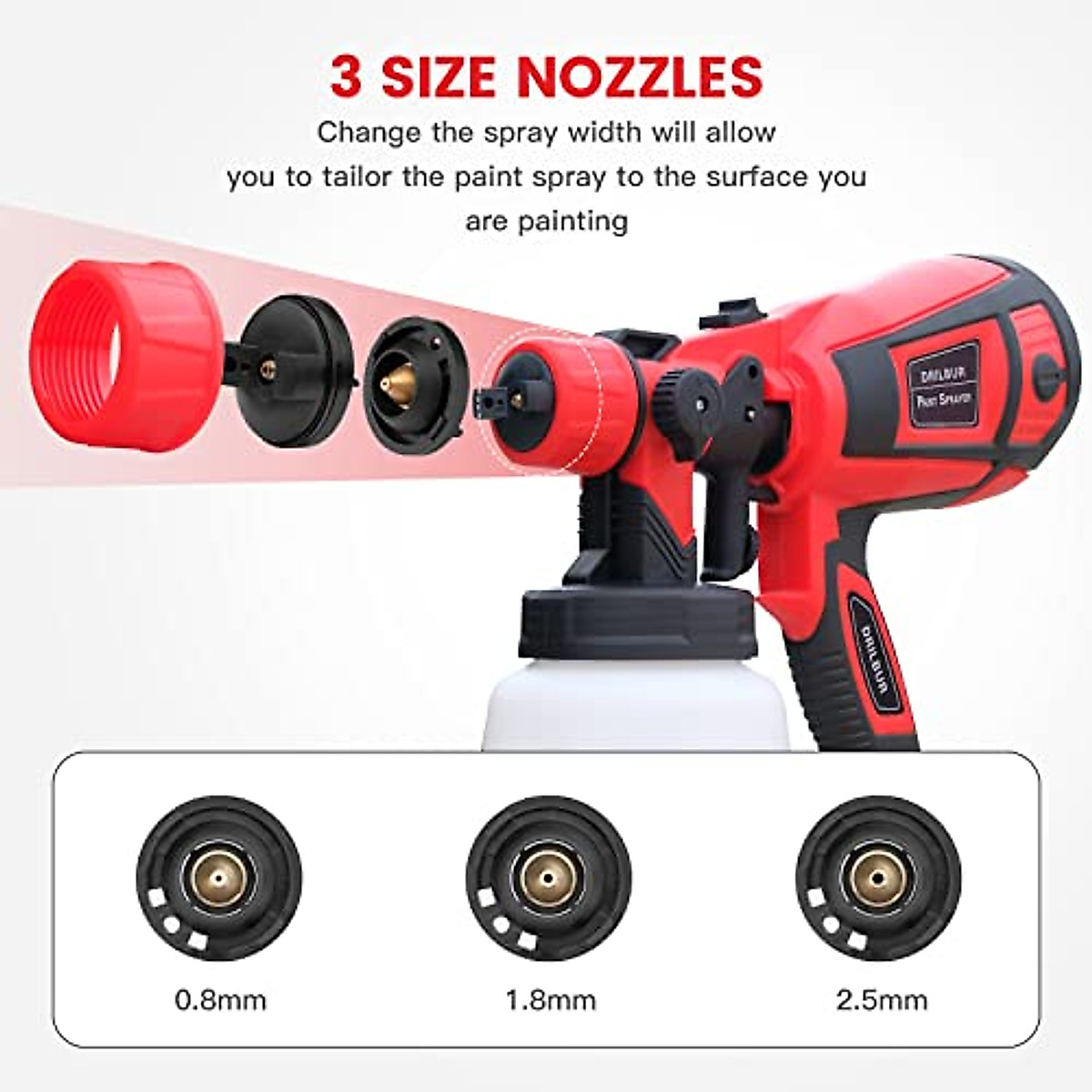 DRILBUR Paint Sprayer, 700W High Power HVLP Spray Gun, 3 Copper Nozzles & 3 Patterns,Paint Sprayers for Home Interior and Exterior,Furniture, Cabinets, Fence, Car, Bicycle, Garden Chairs etc.