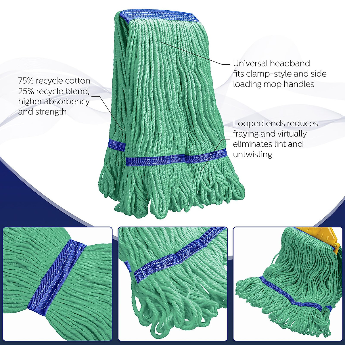 6 Pack Heavy Loop End Cotton String Mop Head Heavy Duty Mop Head Commercial Refills Mop Head Replacement for Home Industrial Commercial Cleaning (Green, Blue)
