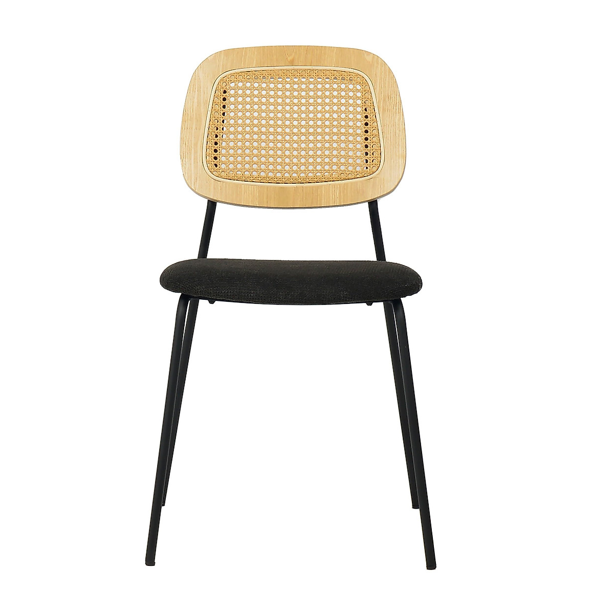 Benjara 19 Inch Dining Chair, Set of 2, Cane Backrest, Black Fabric Seat, Metal, Walnut Brown and Beige