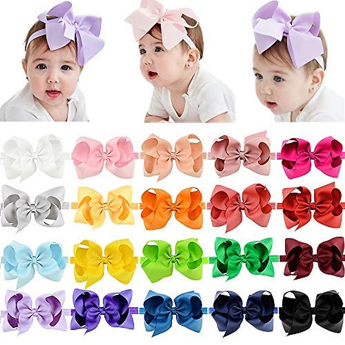 jollybows 20pcs Baby Girls Grosgrain Ribbon Hair Bows Headbands 6" Elastic Hair Band Hair Accessories for Infants Newborn (Multicoloured 6“ Bows Elastic Headband)