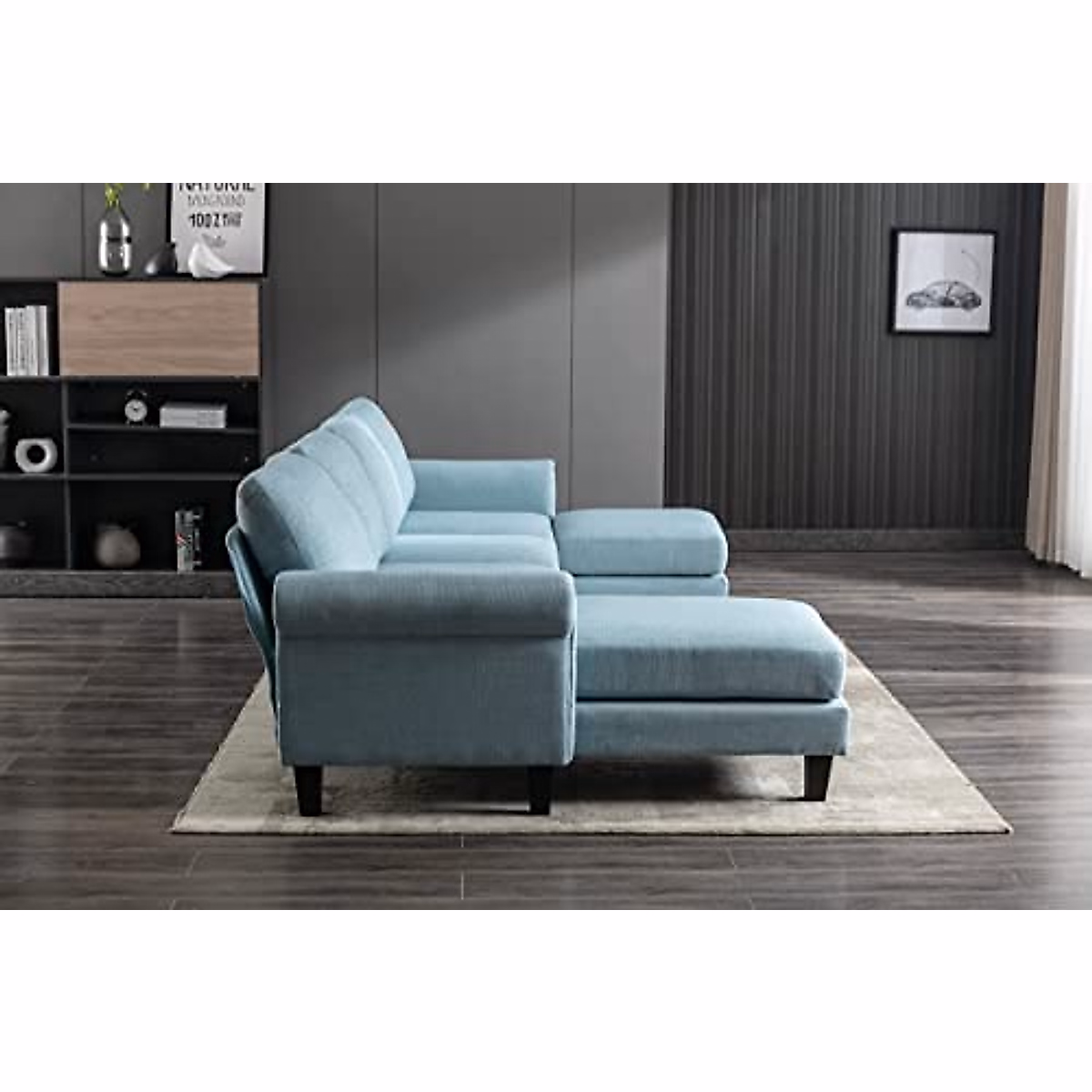 L-Shape Modular Sectional Sofa, Modern Upholstered Accent Sofa with Movable Ottoman, U-Shaped Corner Sofa with Armrest and Wood Legs, Lounge Couch Sofa for Living Room Bedroom Apartment, Light Blue
