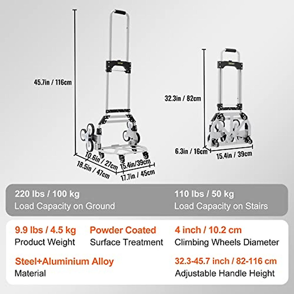 VEVOR Stair Climbing Cart, 220 lbs Capacity Hand Truck with Adjustable Handle, Folding Dolly Cart for Stairs, Stair Climbing Dolly Hand Carts with 10 Wheels for Shopping, Moving, Office Use