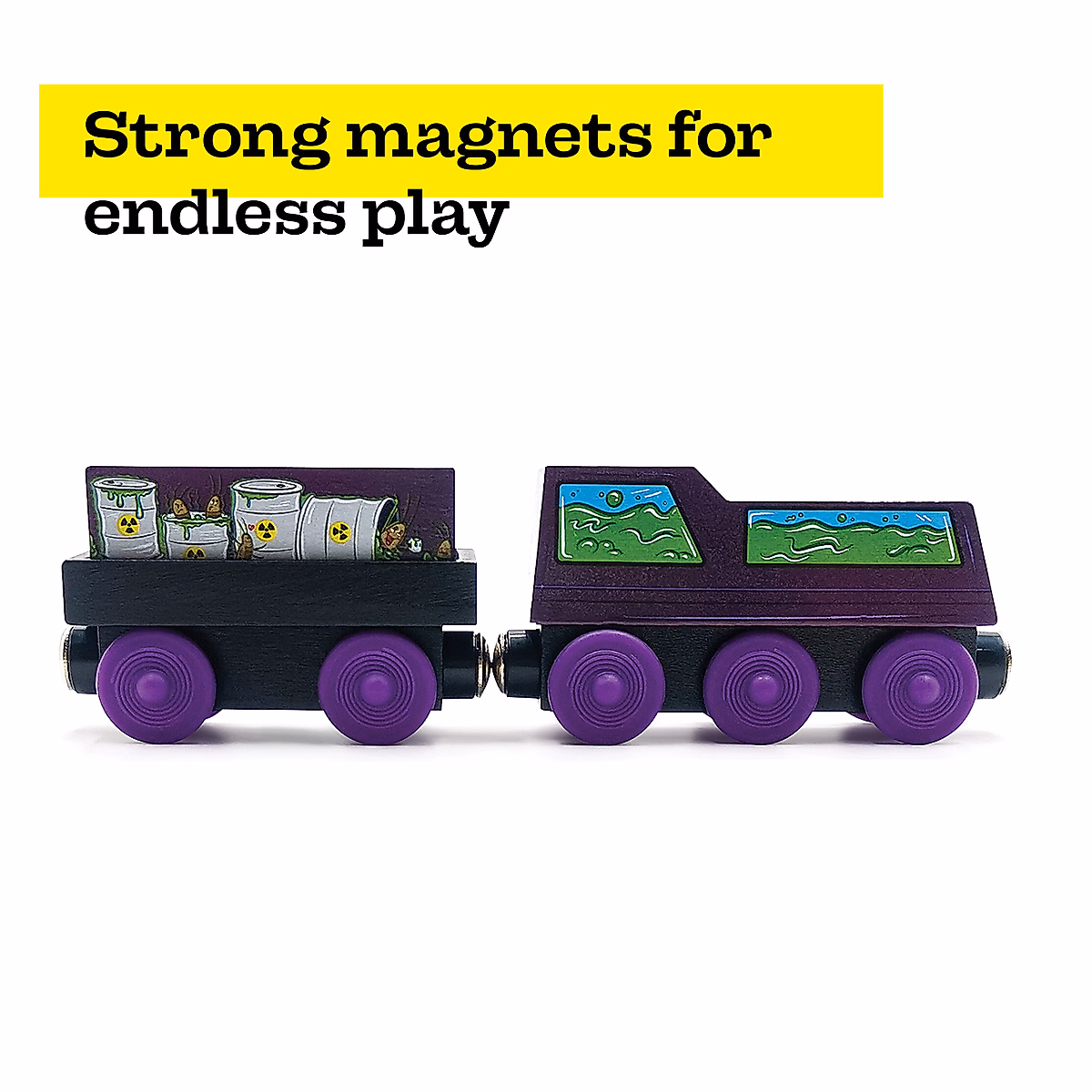 ZANY TRAINS Series 1 - Wooden Train Set with Cargo - Compatible with All Wooden Train Sets - Wooden Train Cars (Toxic Ted)