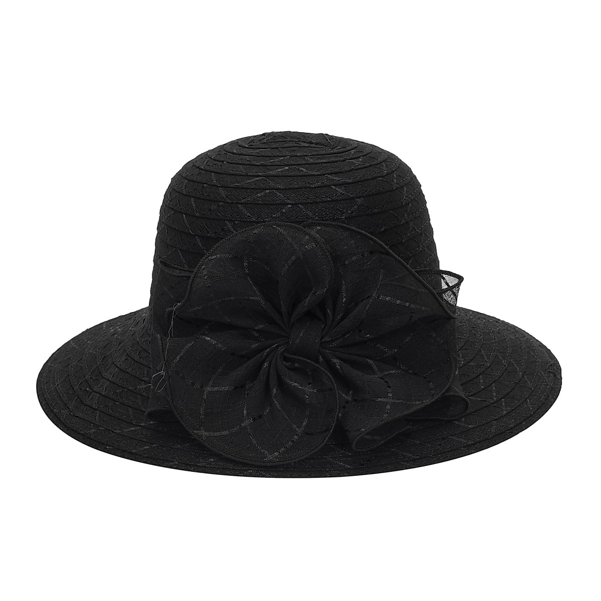 Women Organza Church Hat - Wide Brim Sun Hat Wedding Bridal Flower Church Hat Fascinator Hat (US, Alpha, Medium, Black)