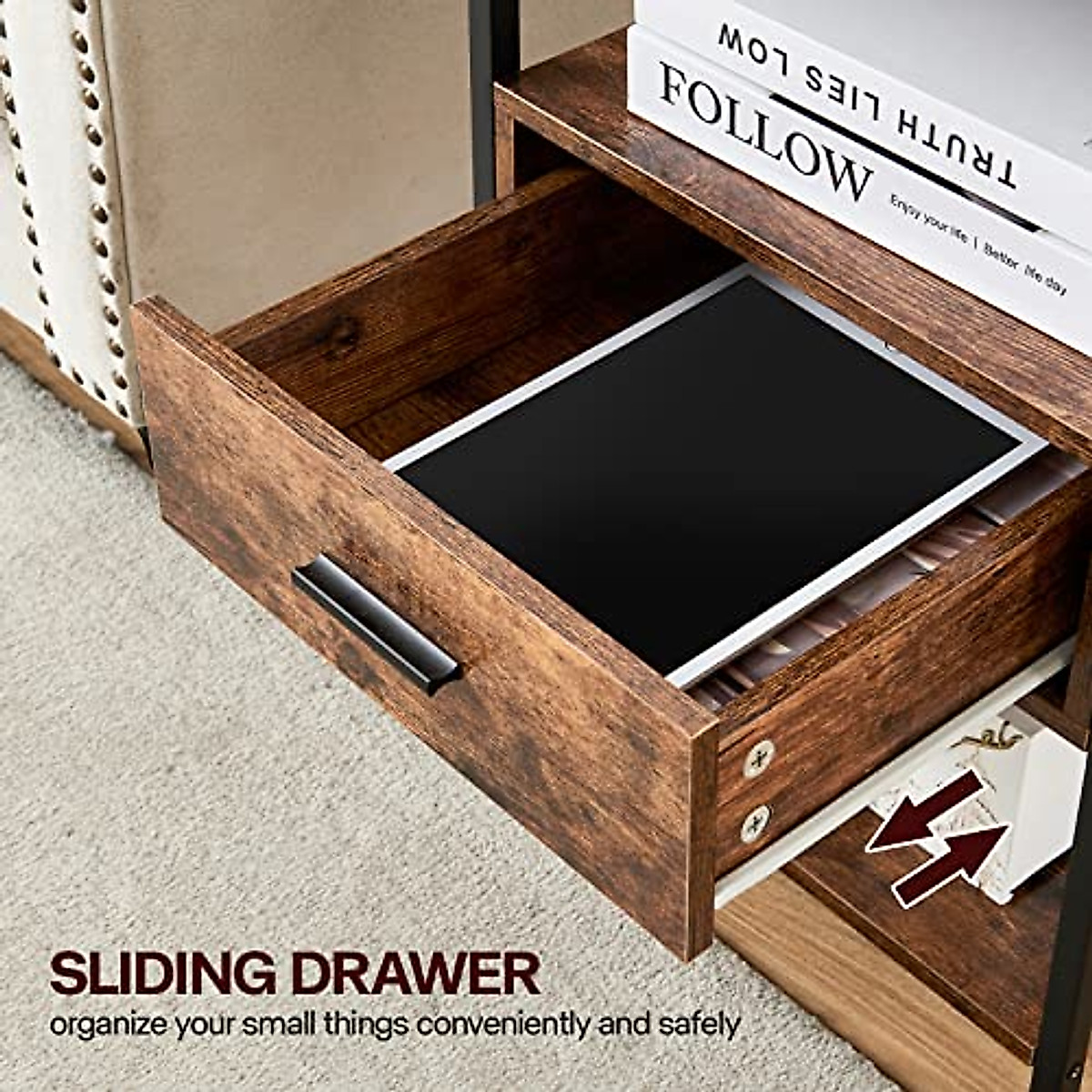 Anrigeail Nightstand Set of 2 with Charging Station, Bedside Tables with Storage Shelf & Drawer, End Table with 2 USB Ports and 2 Outlets, Night Stand for Bedroom, Living Room, Brown