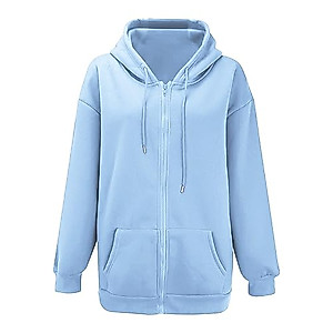 Bloderetu 2023 Zip Up Hoodies For Women Fall Oversized Sweatshirt Y2K Clothing Solid Color Drawstring Jacket With Pockets (Sky Blue-2, XL)