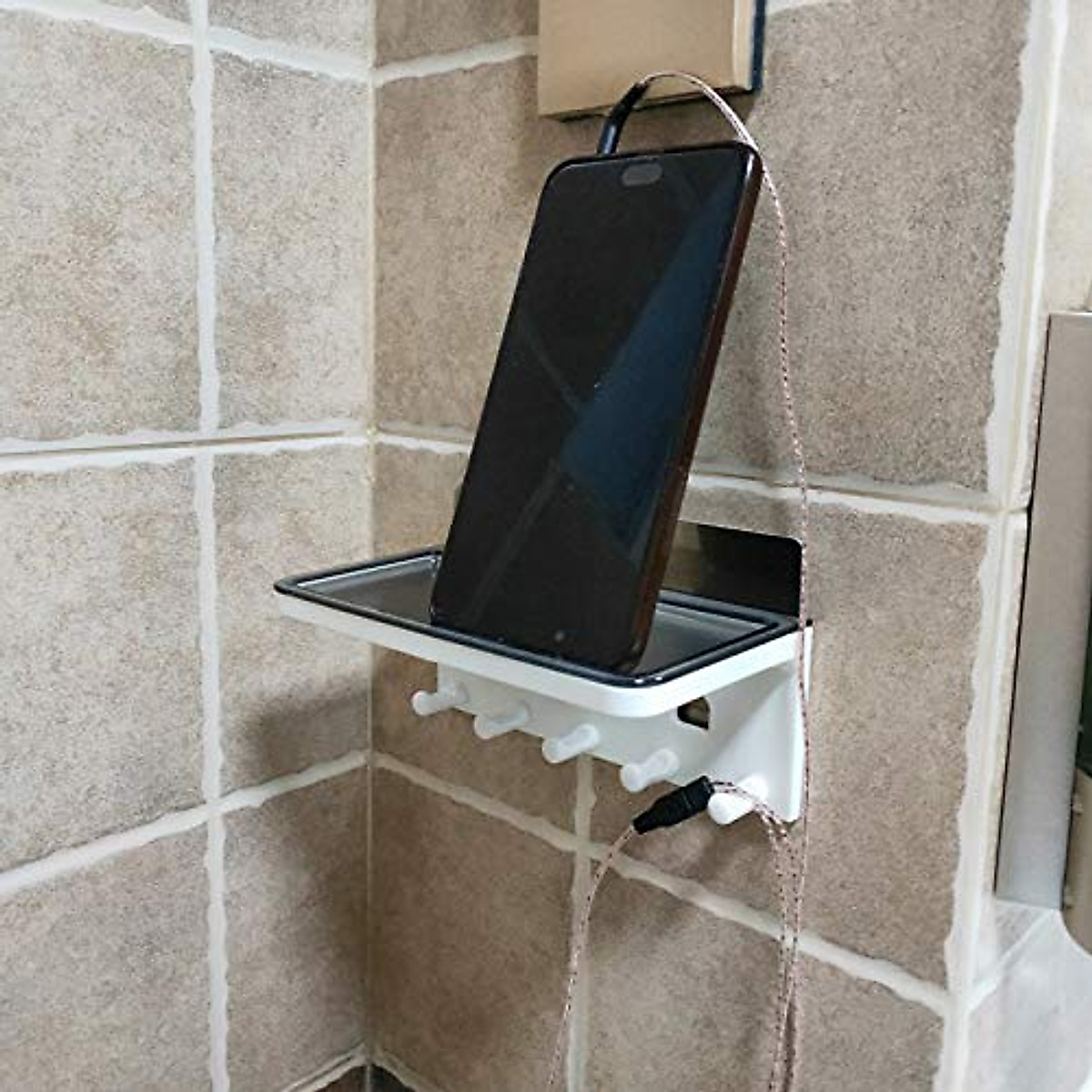 JDGOOMA Wall Mount Entryway Storage Organizer Small Stick On Key Holder Mail Letter Sorter Adhesive Wall Shelf with 5 Hooks -Leash,Keys Holder for Entryway,Mudroom,Hallway,Kitchen(Gray)