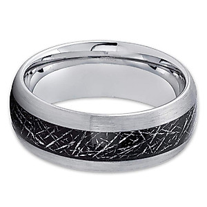 Meteorite Tungsten Wedding Band - Silver Tungsten Ring - Meteorite Ring (9.5)