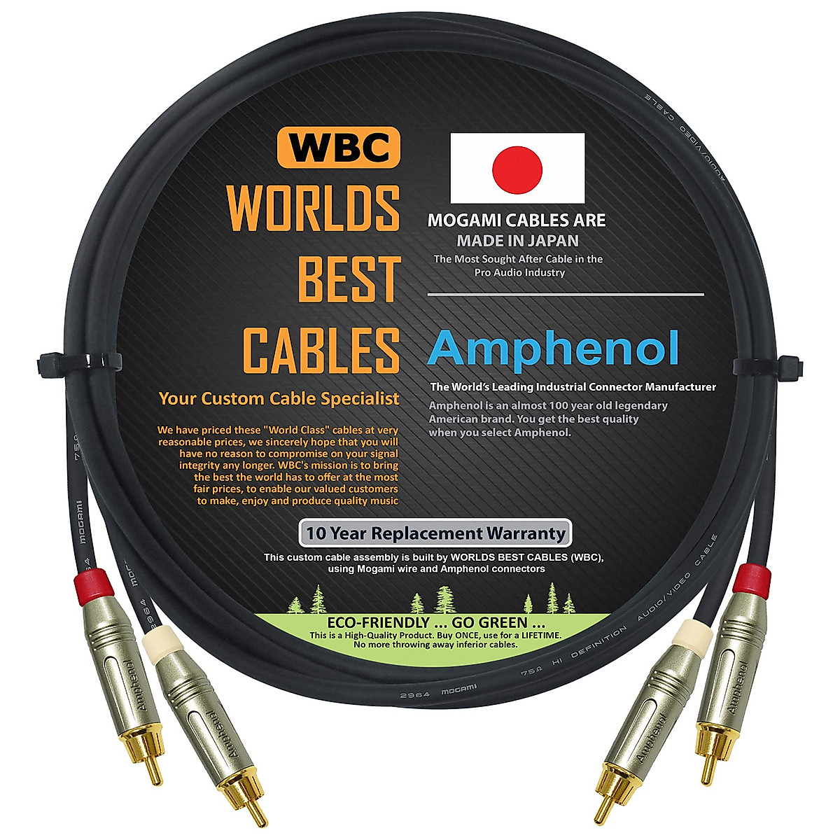 WORLDS BEST CABLES 4.5 Foot – High-Definition Audio Interconnect Cable Pair CUSTOM MADE using Mogami 2964 wire and Amphenol ACPR Die-Cast, Gold Plated RCA Connectors