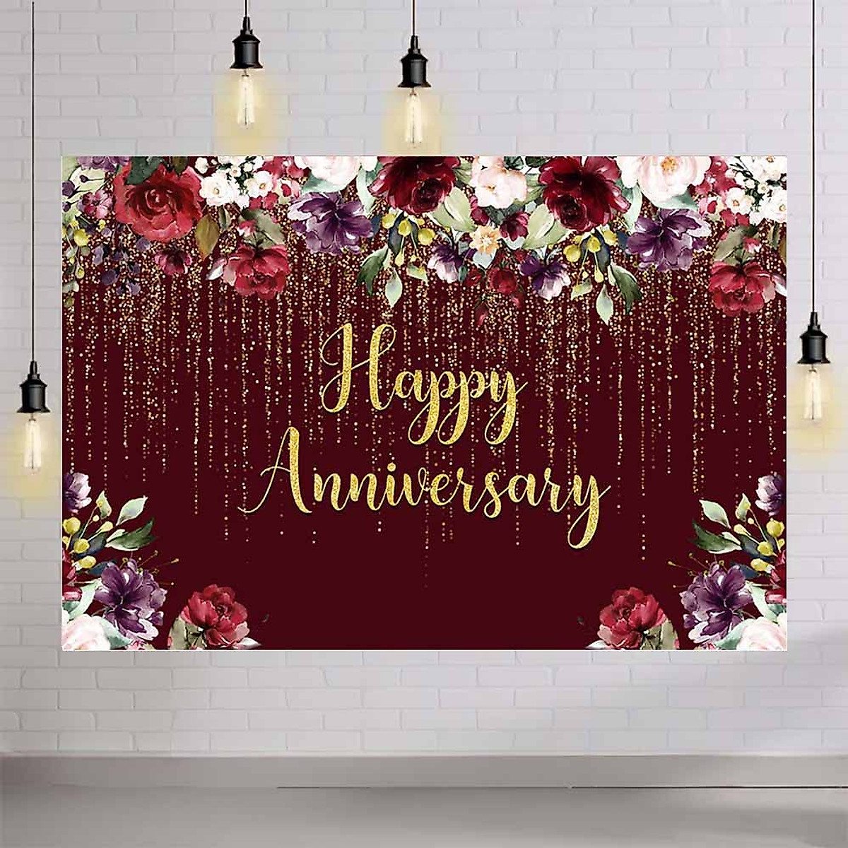 MEHOFOND 10x7ft Happy Anniversary Backdrop Gold Glitter Burgundy Wedding Anniversary Photography Background Couple Wedding Women Birthday Floral Party Decoration Cake Smash Decor Studio Photo Backdrop