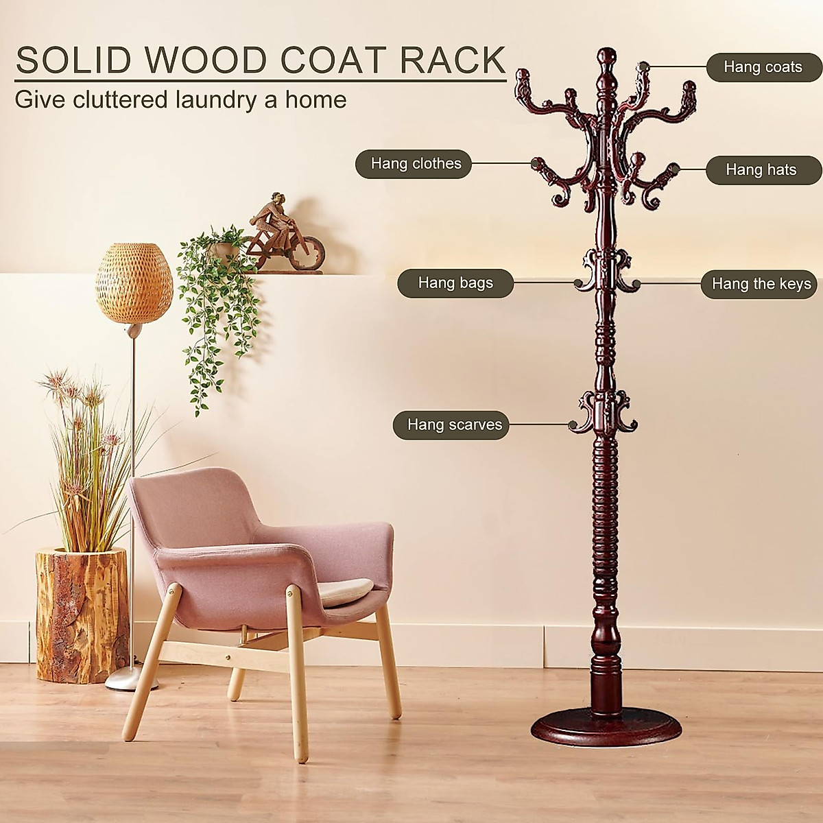 SerHirst Coat Rack Freestanding, Wooden Coat Tree Stand with 14 Hooks, Easy Assembly with Stable Disc Base for Bedroom, Hallway, Entrance Office for Hats, Coats, Scarves (Mahogany color)
