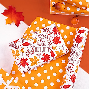 WRAPAHOLIC Reversible Autumn Wrapping Paper - Mini Roll - 17 Inch X 33 Feet - Maple Leaf and Orange Polka Dots Autumn Design for Fall Celebrating, Holiday, Party