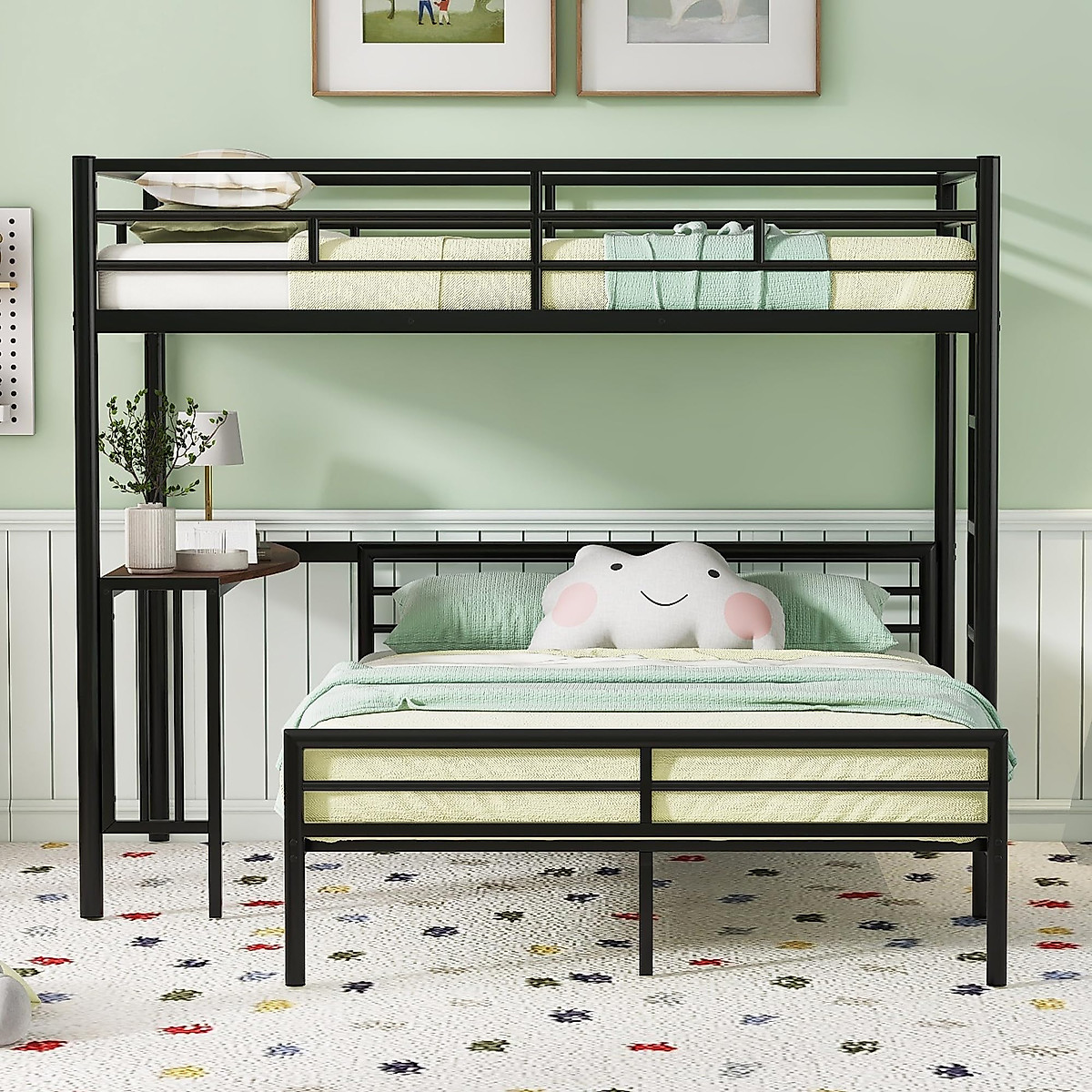 Metal Twin Over Full Bunk Bed Frame with Desk, Loft Platform Mattress Foundation with Steel Slat Support Storage Space