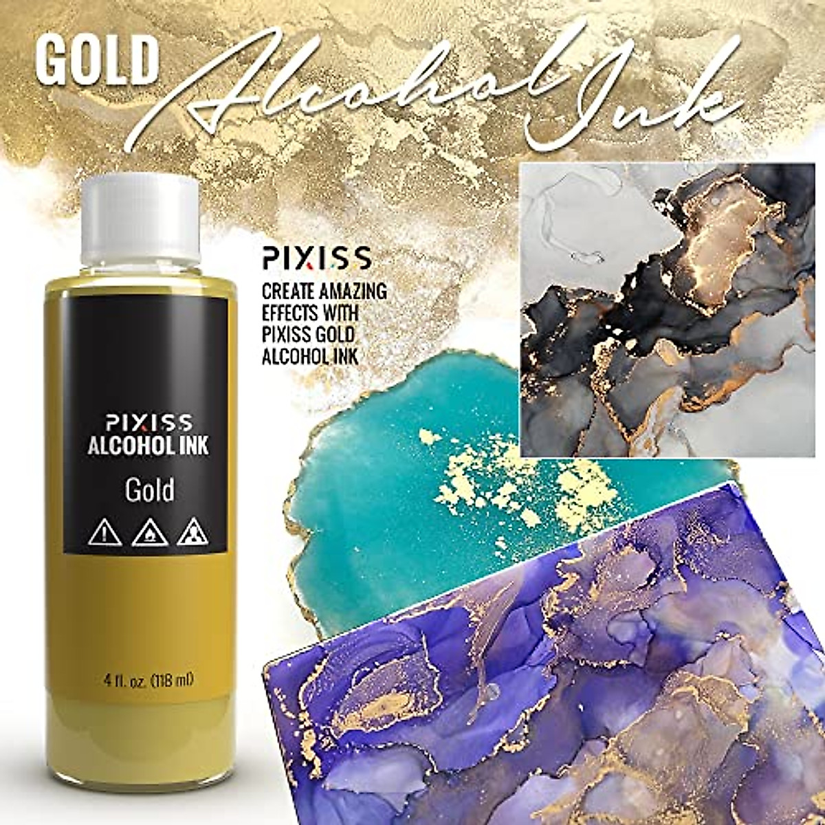 Silver and Gold Alcohol Ink for Resin - Metallic Alcohol Ink Silver and Gold Colors 4-Ounce for Epoxy Resin, Tumblers, Resin Art, Alcohol Ink Paper, 3 Pixiss Needle Tip Applicator Bottles and Funnel